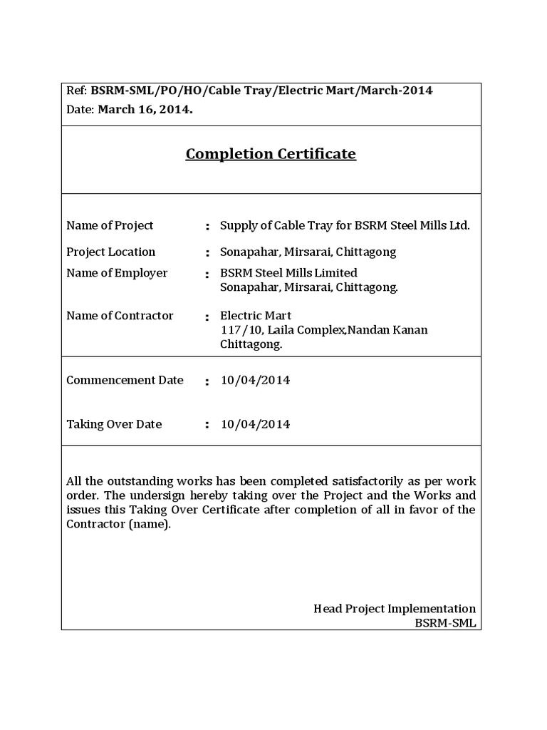 Completion Certificate for Cable Tray Project | PDF | Technology ...