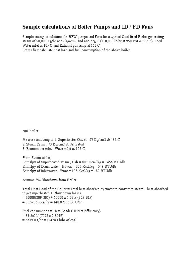 Sample Calculations of Boiler Pumps and ID / FD Fans | PDF | Boiler | Gases