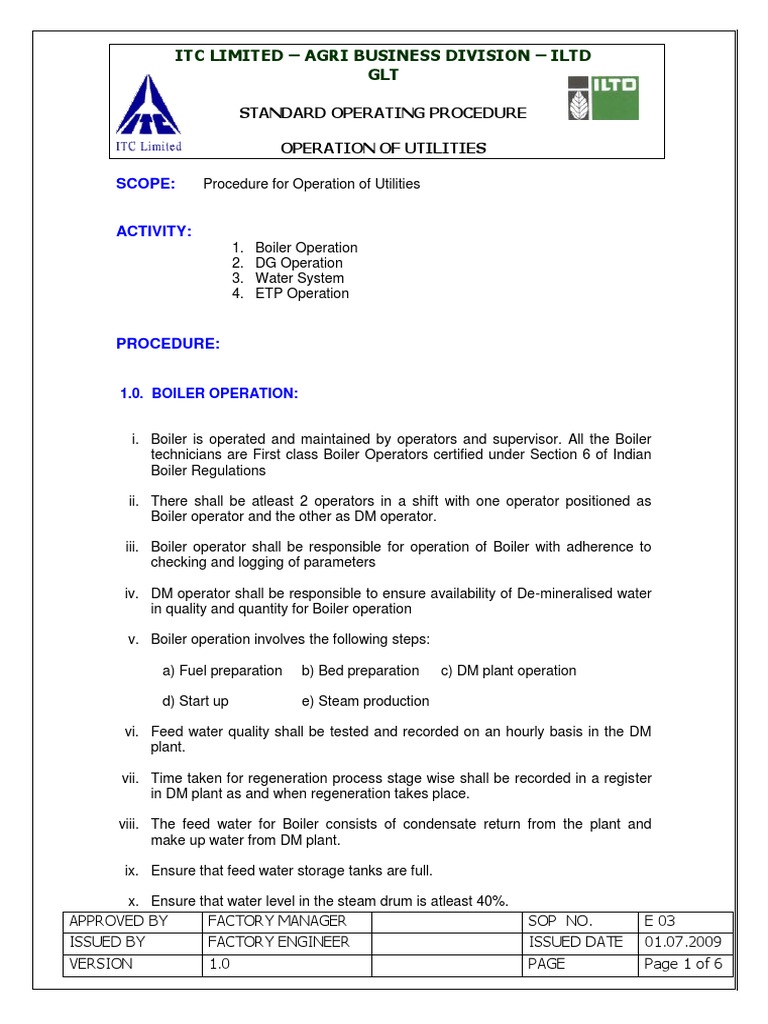 Sop - Operation of Utilities | PDF | Boiler | Steam