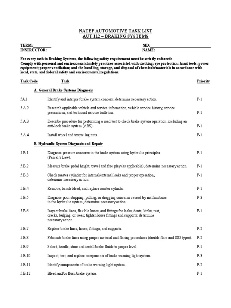 Natef Automotive Task List Aut 112 - Braking Systems | PDF | Brake ...
