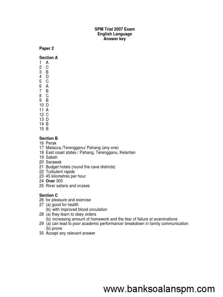SPM Trial 2007 Exam English Language Answer Key Paper 2 Section A | PDF