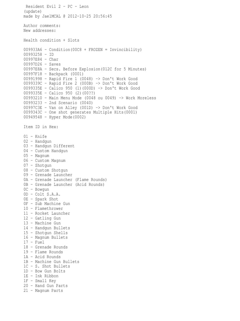 Cheat Engine Resident Evil 2 Leon | PDF | Gun | Handgun