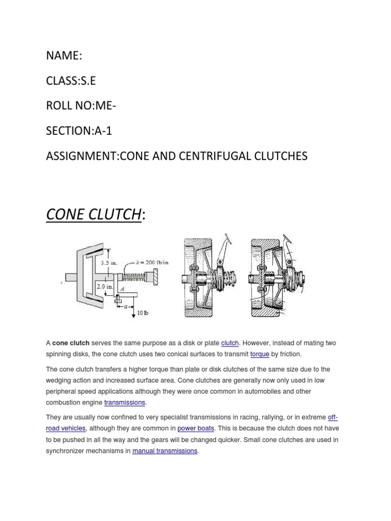 Cone Clutch:: Name: Class:S.E Roll No:Me-Section:A-1 Assignment:Cone ...
