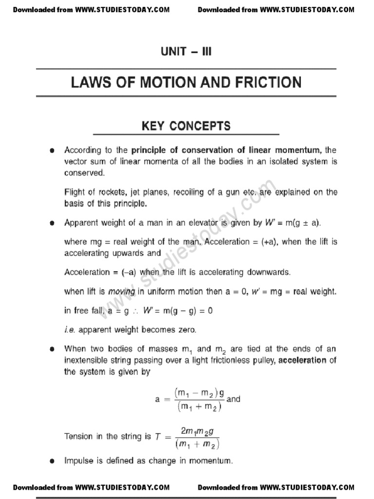 CBSE Class 11 Physics Questions For Chapter Law of Motion | PDF