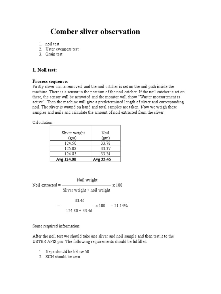 Comber Sliver Observation: 1. Noil Test | PDF | Teaching Methods ...