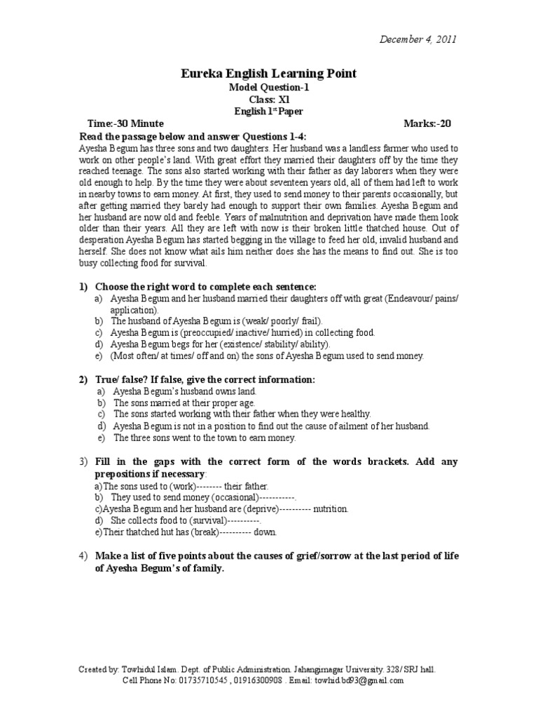 English 1st Paper Model Question HSC | PDF | Food And Drink