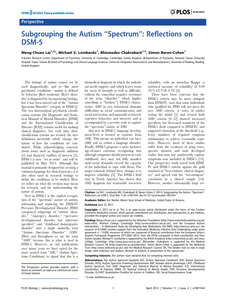 DSM5-Reflexion in Autism | PDF | Autism Spectrum | Pervasive ...