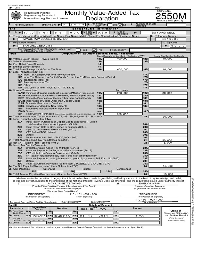 Monthly Value-Added Tax Declaration: Kawanihan NG Rentas Internas | PDF ...