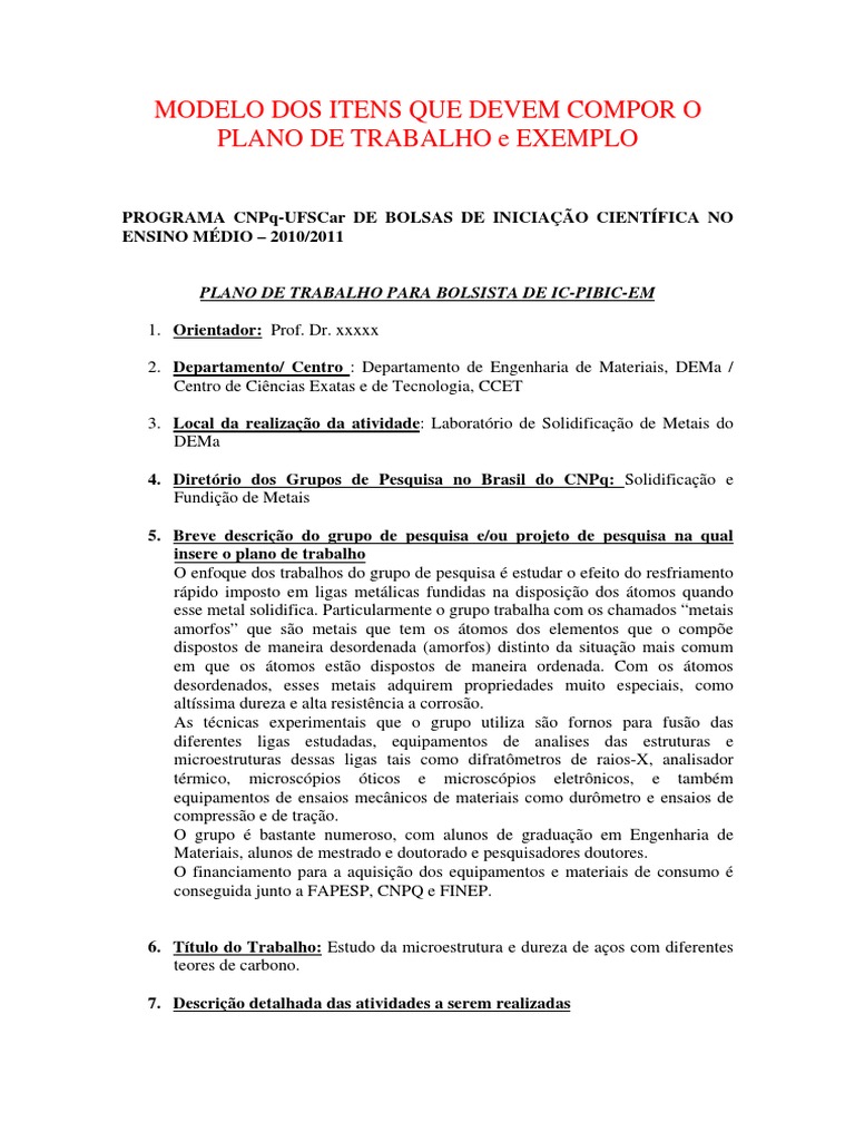 Pibic - Plano de Trabalho - Modelo | PDF | Metais | Dureza