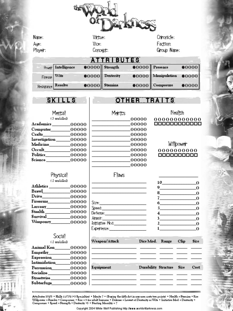 nWoD 2 Page Interactive Sheet | PDF