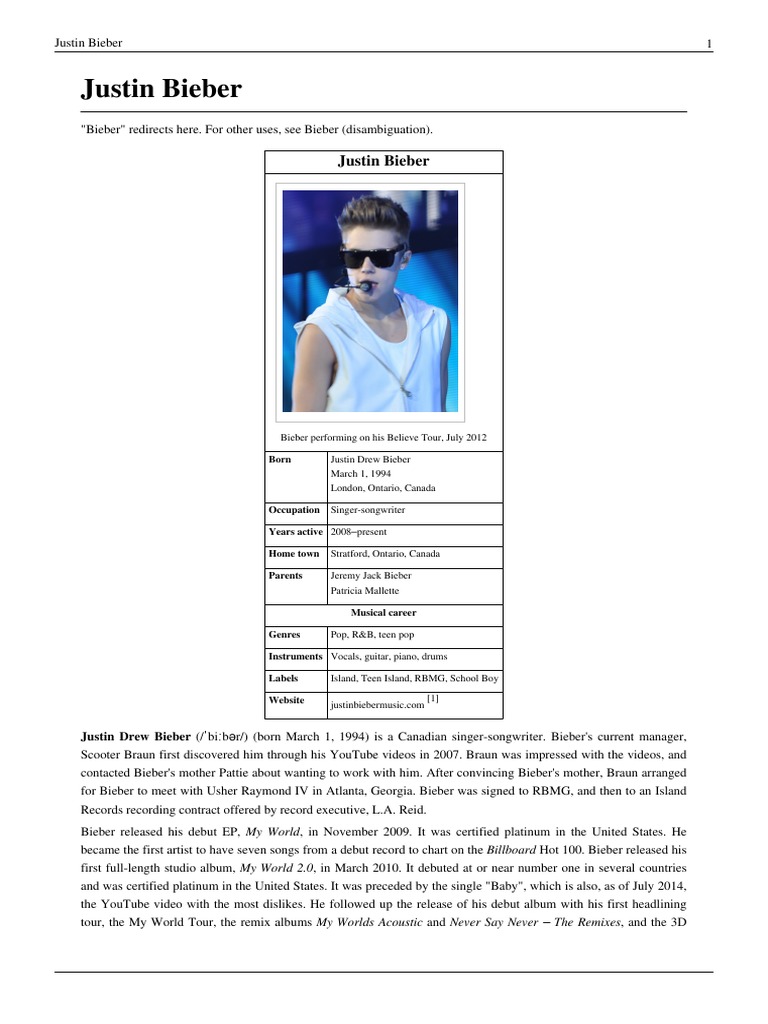 Justin Bieber | PDF | Justin Bieber | Entertainment (General)