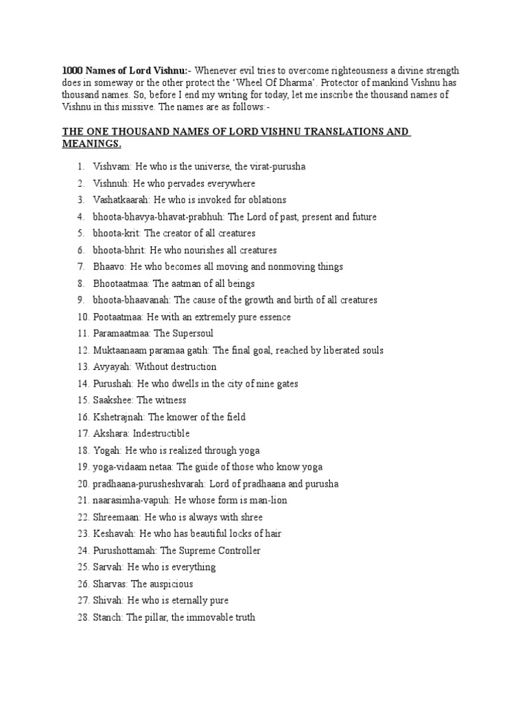 1000 Names of Lord Vishnu | PDF | Vishnu | Hindu Philosophy