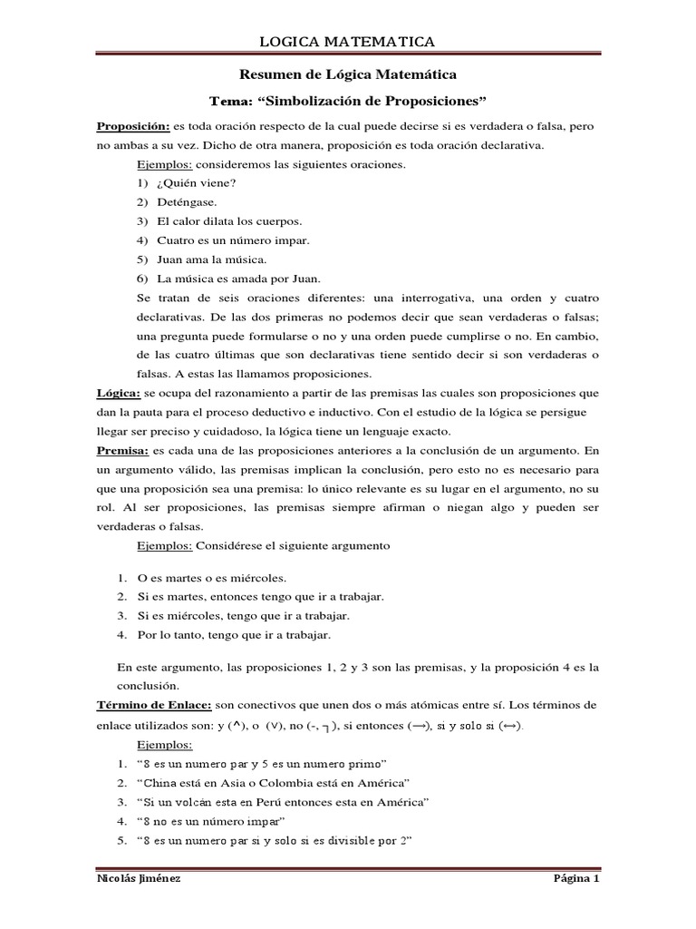 Resumen de Lógica Matemática | PDF | Argumento | Proposición