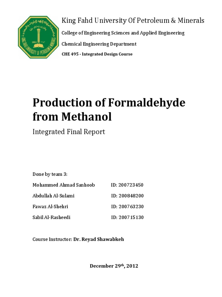 Production of Formaldehyde From Methanol: King Fahd University of ...