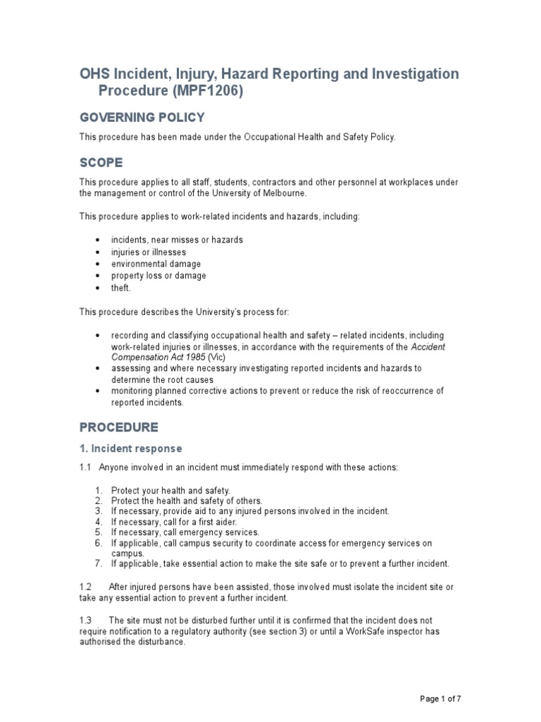 OHS Incident Reporting Procedure Guide | PDF | Occupational Safety And ...