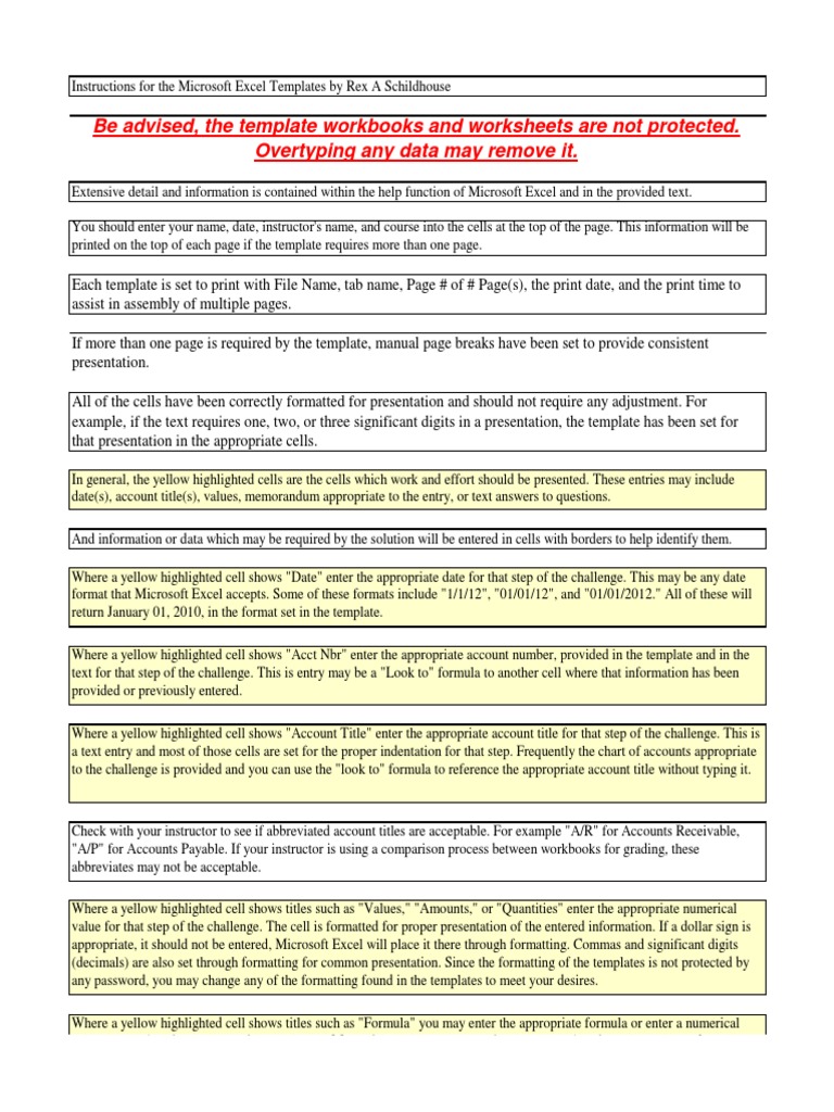 Be Advised, The Template Workbooks and Worksheets Are Not Protected ...