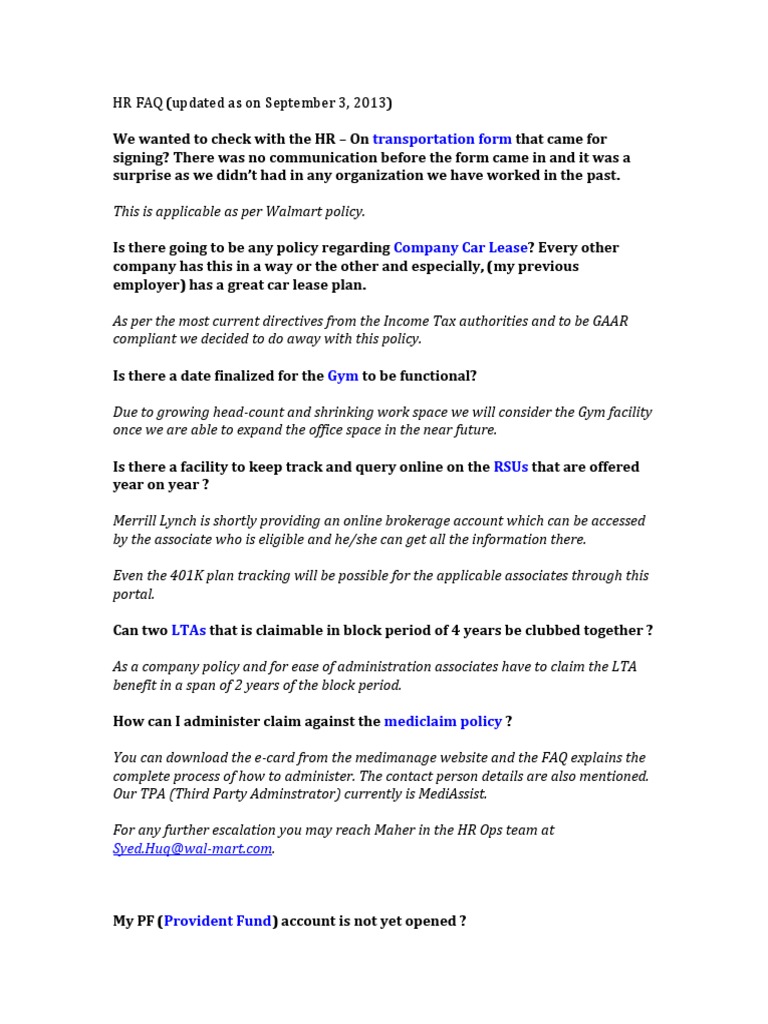 Transportation Form: HR FAQ (Updated As On September 3, 2013) | PDF ...