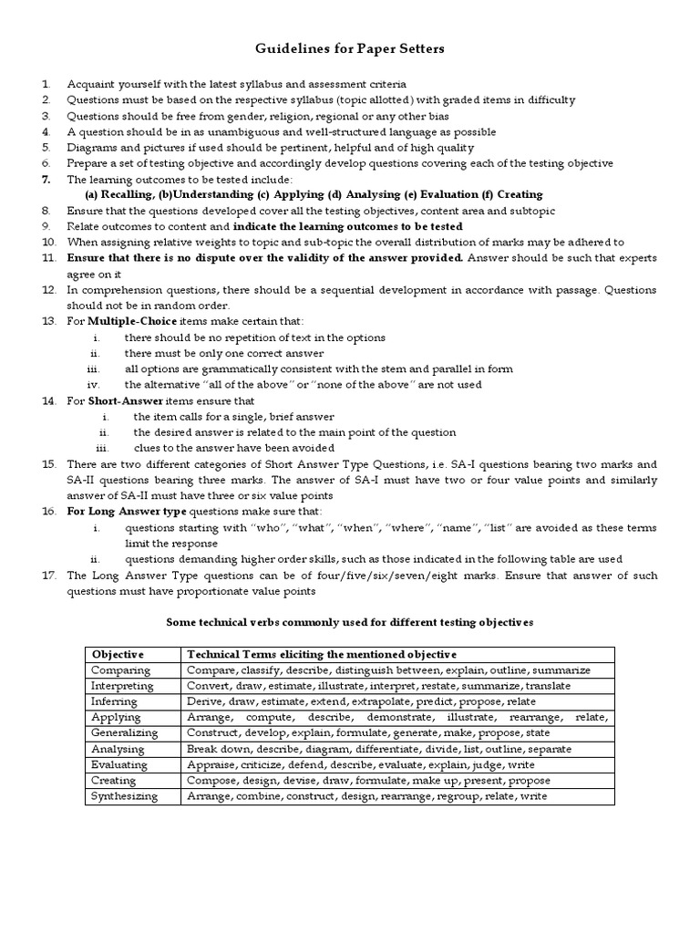 Guidelines For Paper Setters | PDF | Question | Educational Assessment