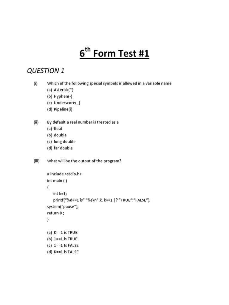 6th Form Test#1 | PDF | C (Programming Language) | Integer (Computer ...