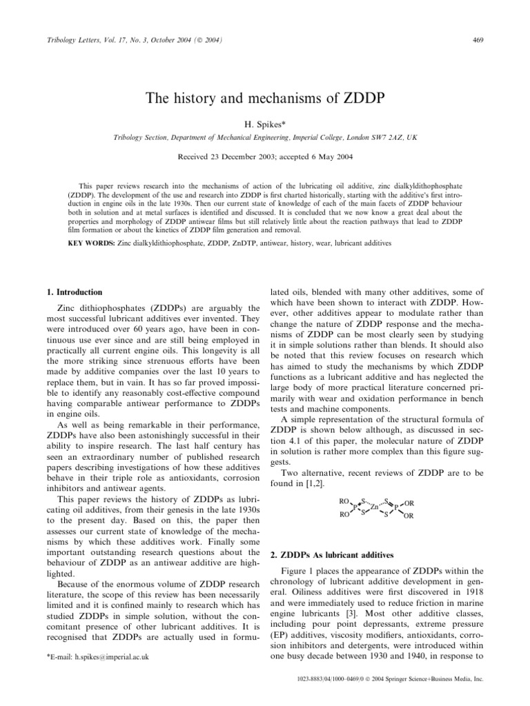 H. Spikes, The History and Mechanisms of ZDDP, Tribology Lett, 17 (3 ...
