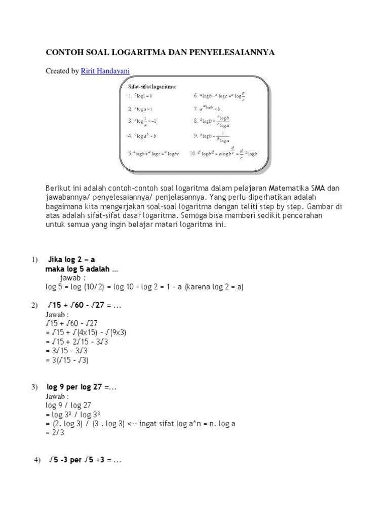 Contoh Soal Logaritma Dan Penyelesaiannya | PDF