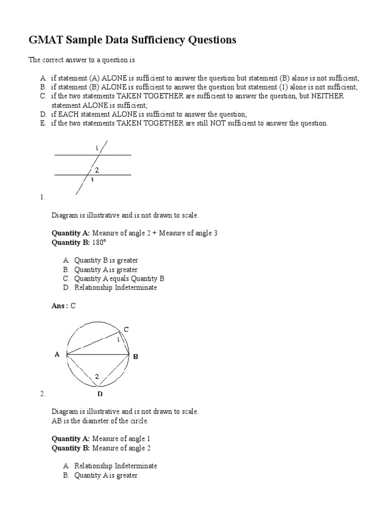 GMAT Sample Data Sufficiency Questions: Quantity A: Measure of Angle 2 ...
