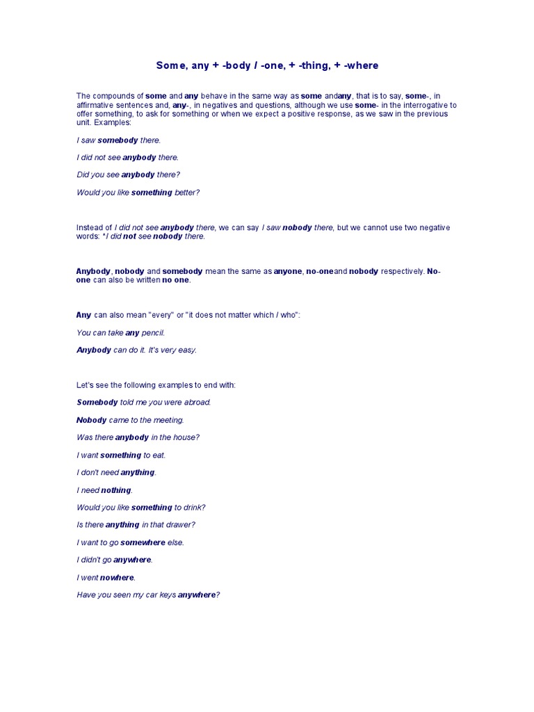 Some, Any + - Body / - One, + - Thing, + - Where | PDF
