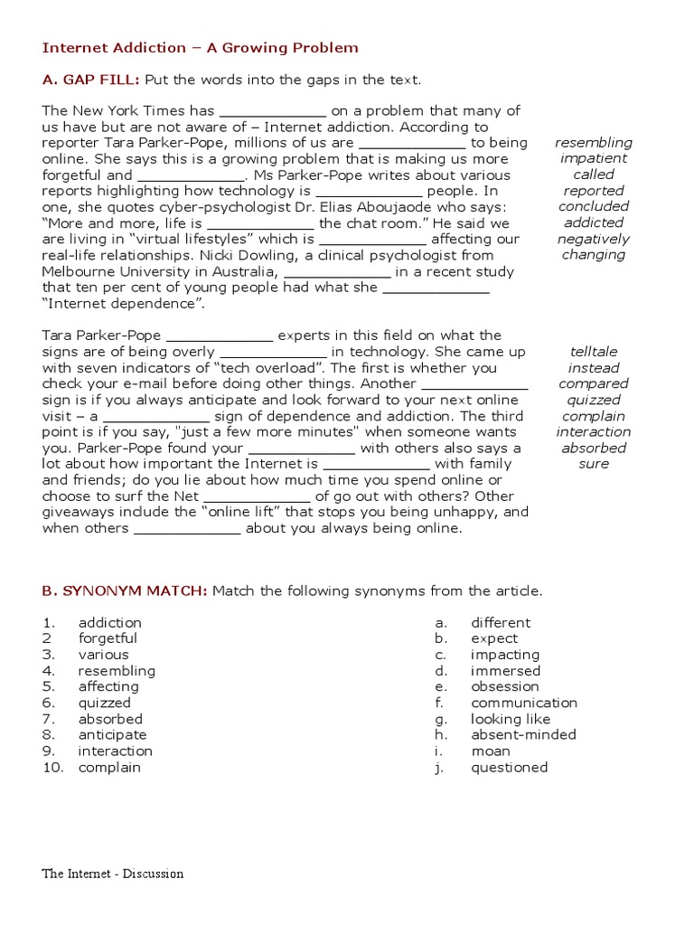 Internet Addiction Worksheet | PDF | Internet | Communication