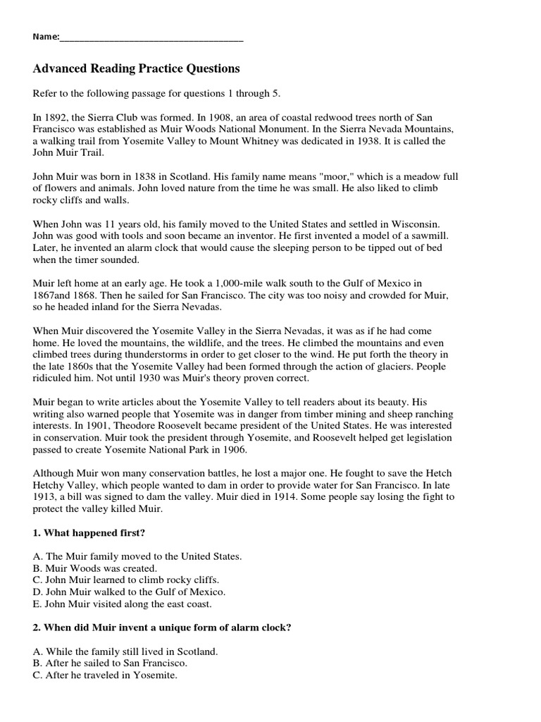 Advance Reading Comprehension | PDF | John Muir | Charles Lindbergh