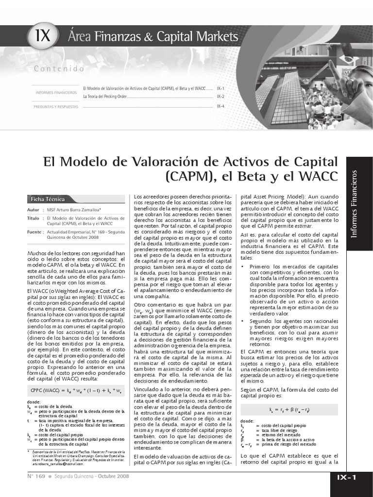 Valoracion de Activos CAPM Beta y El WACC | PDF | Modelo de fijación de precios de activos de ...