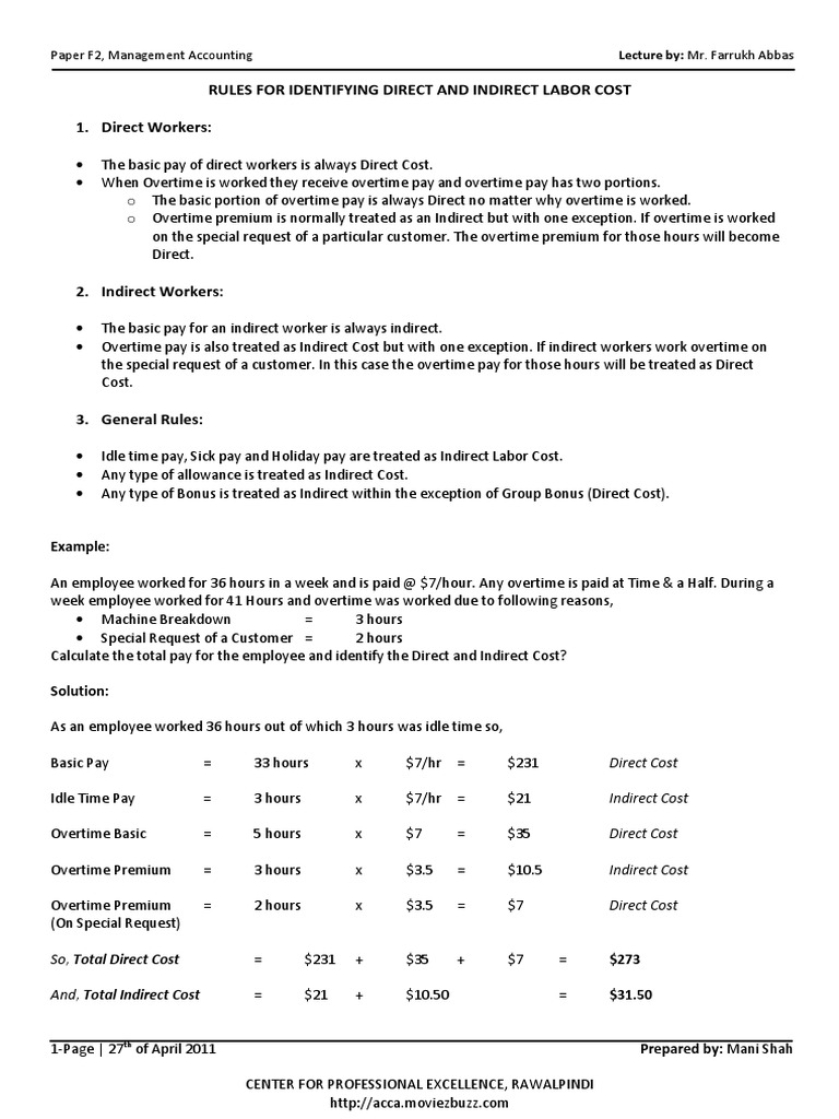 Rules For Identifying Direct and Indirect Labor Cost 1. Direct Workers ...