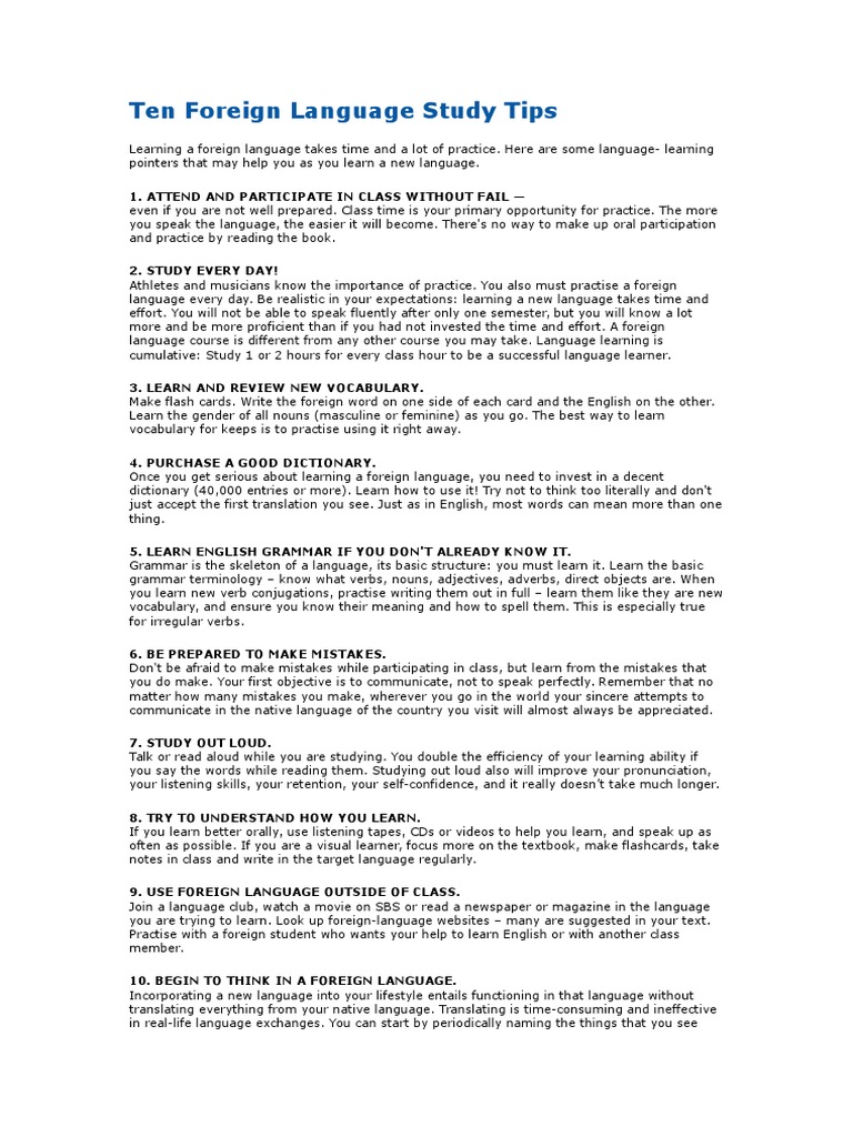 Ten Foreign Language Study Tips | PDF | Vocabulary | Foreign Language