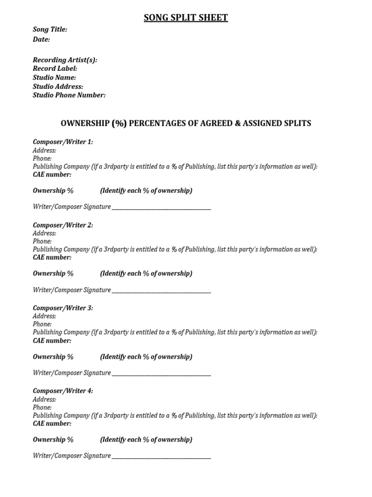 Ownership (%) Percentages of Agreed & Assigned Splits: Song Split Sheet | PDF | Games ...