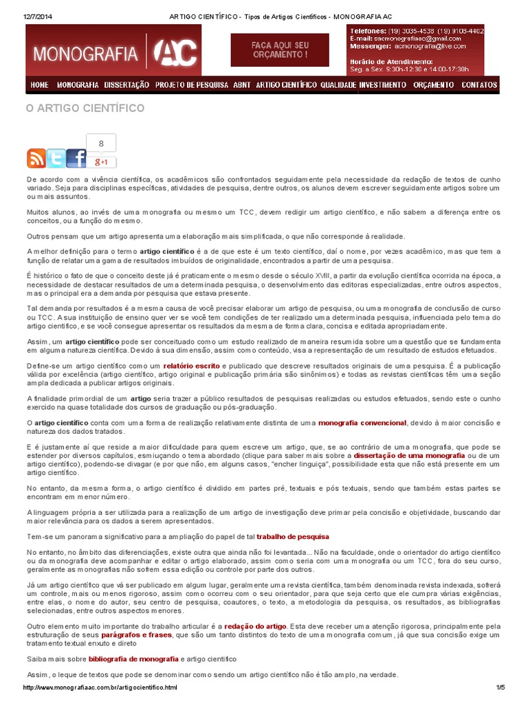 Artigo Científico Tipos De Artigos Científicos Monografia Ac Pdf