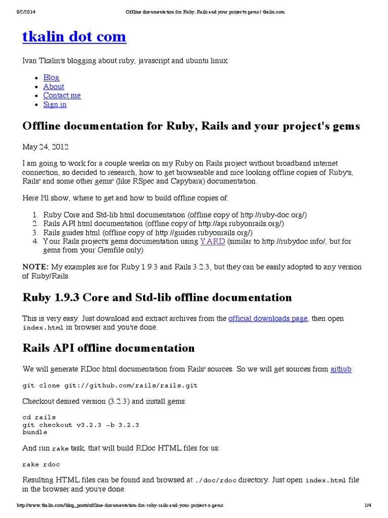 Offline Documentation For Ruby, Rails and Your Project's Gems - Tkalin | PDF | Online And ...