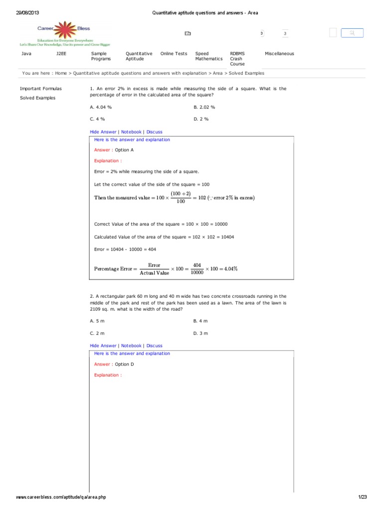 Quantitative Aptitude Questions And Answers Area Area Speed