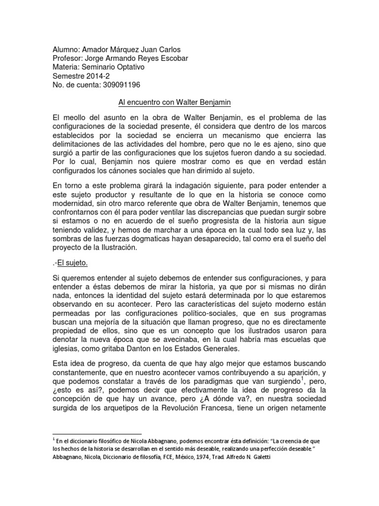 Análisis del sujeto moderno y la idea de progreso en la obra de Walter Benjamin desde la ...