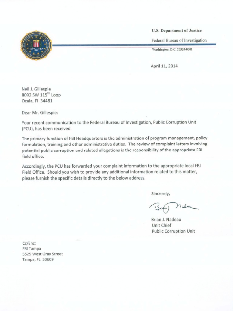 FBI Letter Brian J. Nadeau Referral Tampa Field Office | PDF
