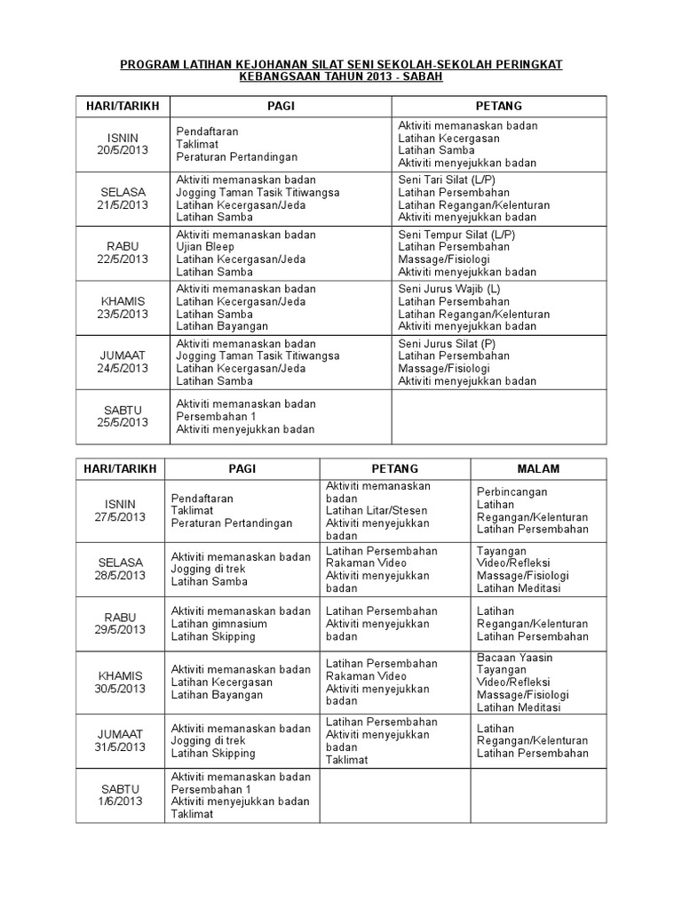 Program Latihan Kejohanan Silat Seni Sekolah | PDF