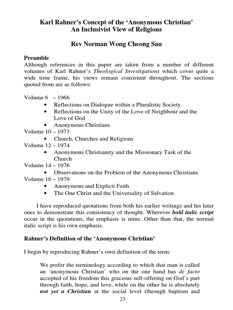 Karl Rahner - The Anonymous Christian | PDF | Grace In Christianity ...