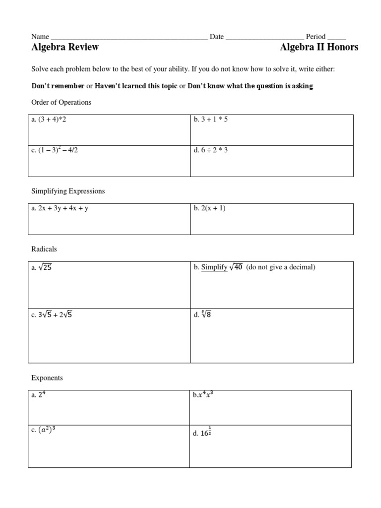 Algebra Review Algebra II Honors: Don't Remember or Haven't Learned ...