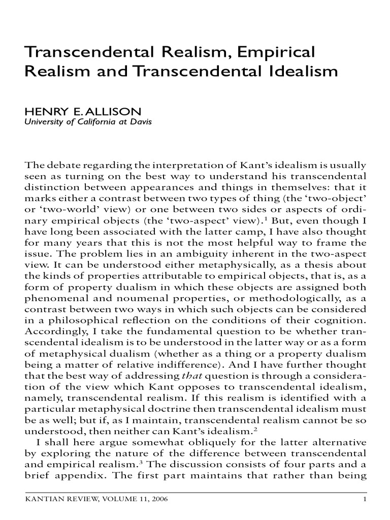 ALLISON (Transcendental Realism, Empirical Realism and Transcendental Idealism) | PDF
