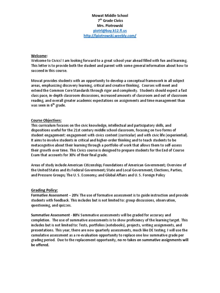 7th Grade Civics Syllabus | PDF | Civics | Educational Assessment