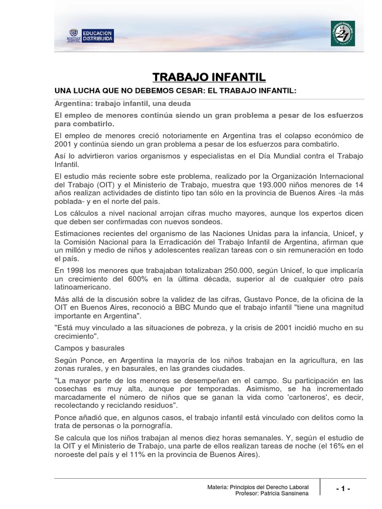 Lectura 26 - Trabajo Infantil | PDF | Trabajo infantil | Organización ...