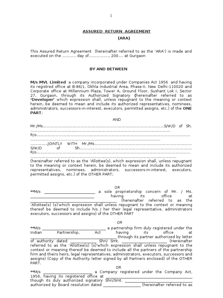 Assured Return Agreement-3800 (4th Dec) | PDF | Lease | Renting