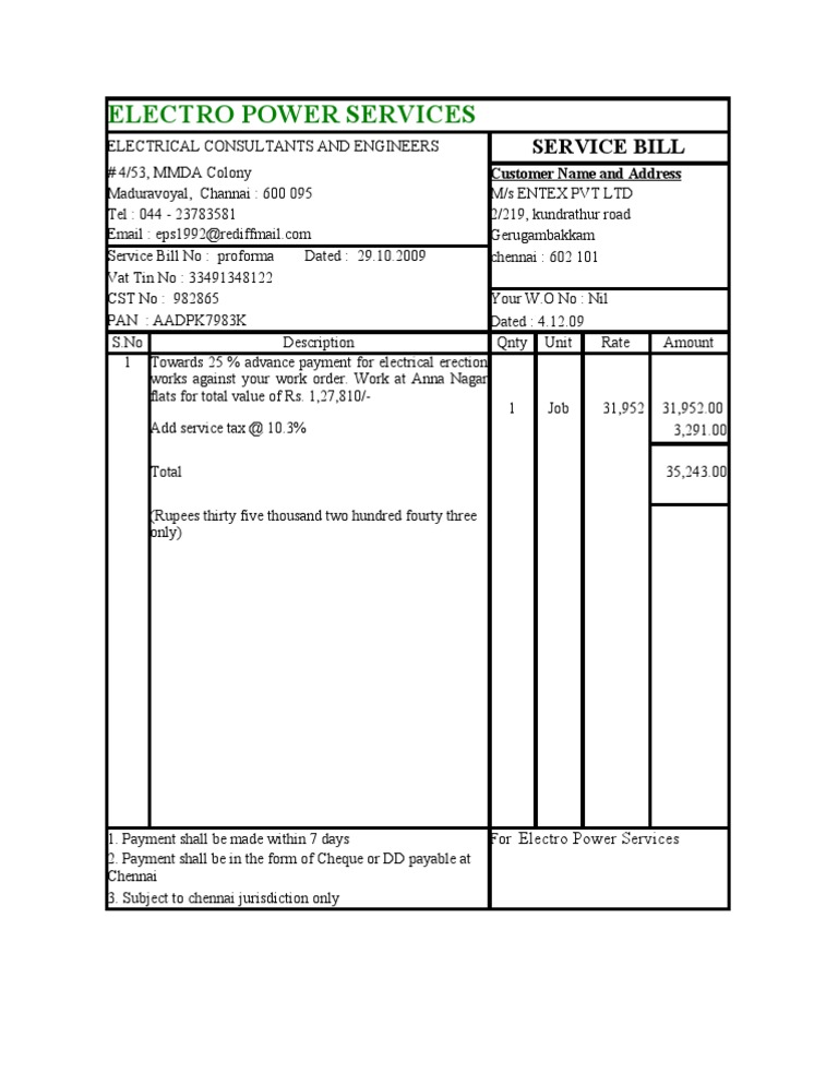 Service Bill for Entex Pvt Ltd | PDF | Technology & Engineering