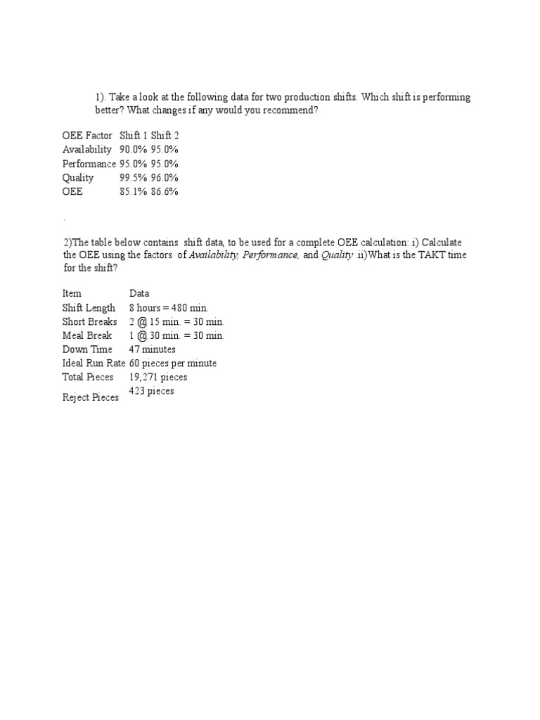 Lean Manufacturing Calculations Questions | PDF | Teaching Methods ...