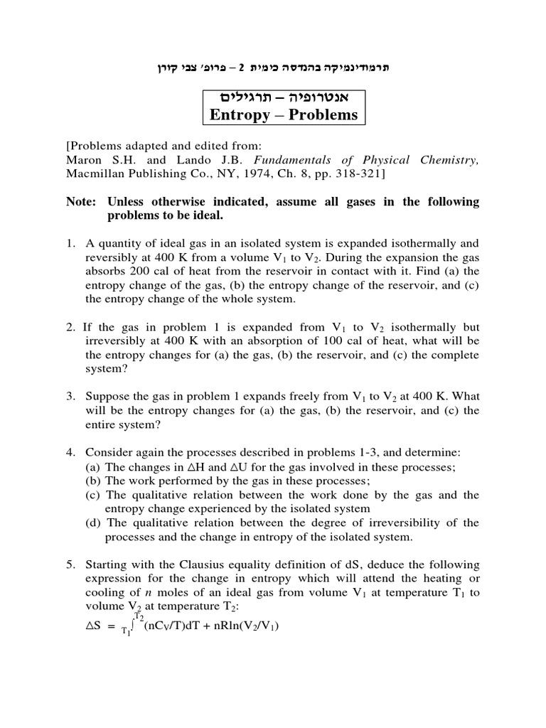 Entropy Problems Answers | Download Free PDF | Gases | Entropy