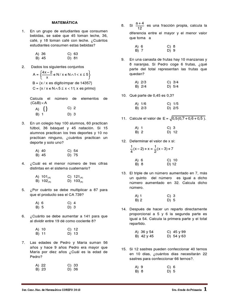 Concurso Matemáticas Primaria 5to - COREFO 2013 | PDF | Enseñanza de matemática | Science