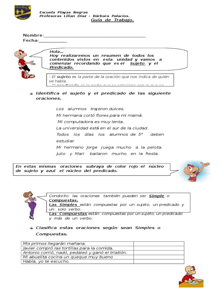 Guía Sujeto - Predicado - Uso de La Coma, Etc 5° | PDF | Oración ...